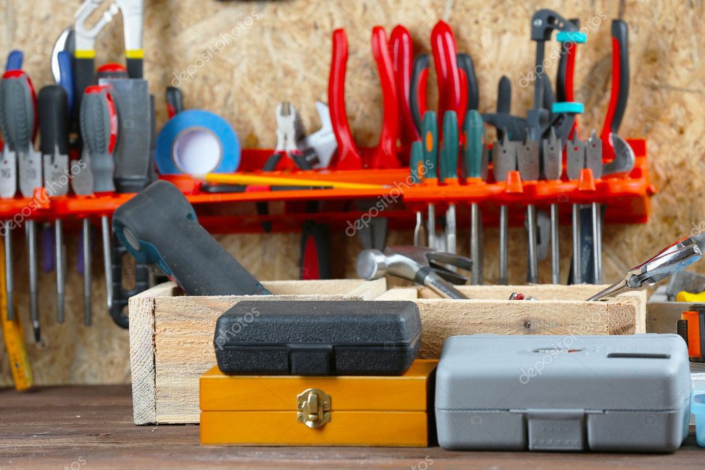 Set of tools in workshop ⬇ Stock Photo, Image by © belchonock #75759785