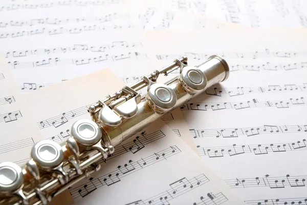 Silver flute on an ancient music score background — Stock Photo ...