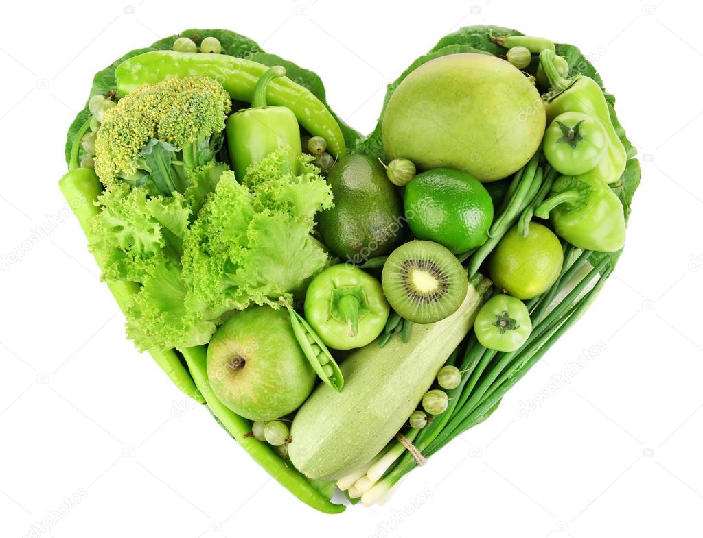 Heart shape from fresh green food isolated on white — Stock Photo ...