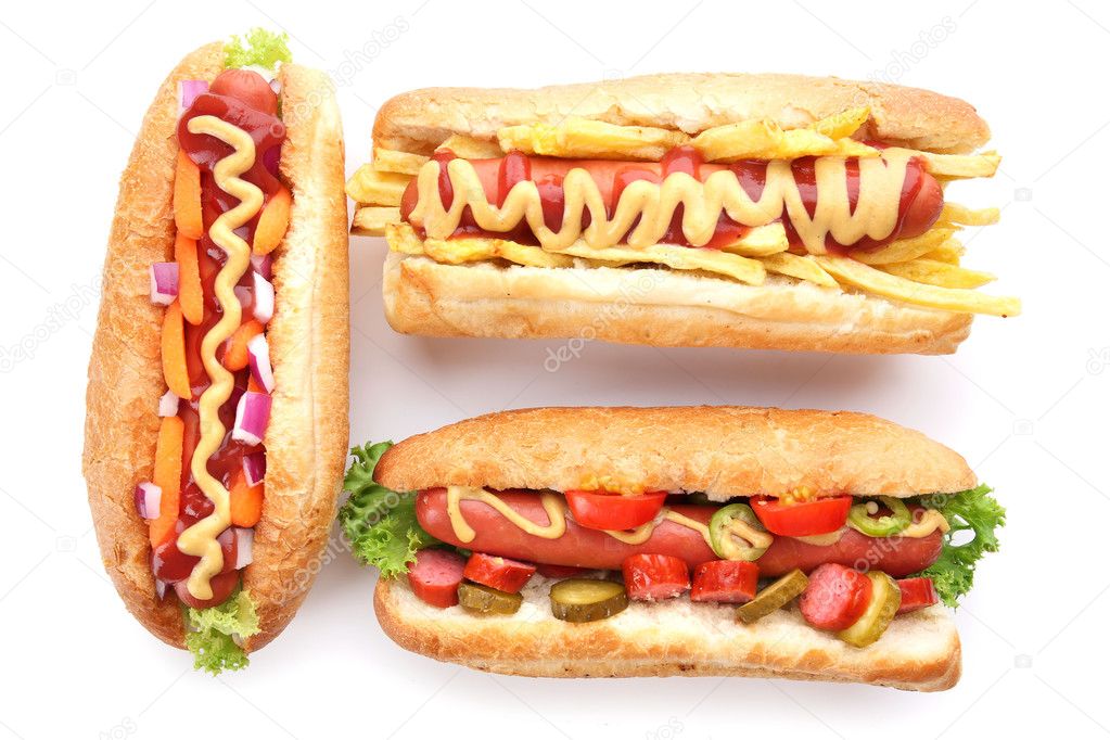 Three fresh hot dogs isolated on white — Stock Photo © belchonock #84310794