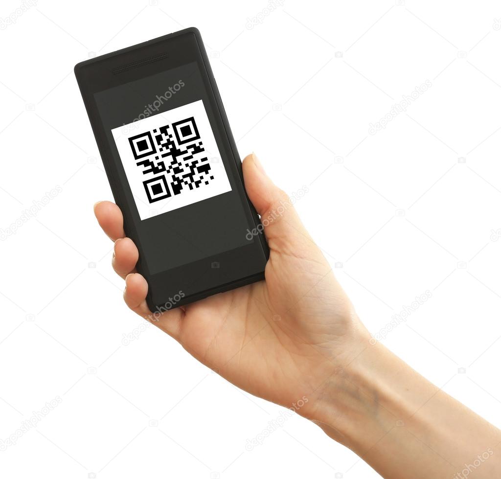 Hand holding smart phone with QR code — Stock Photo © belchonock #84777858