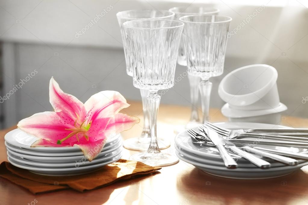 Clean dishes on the table Stock Photo by ©belchonock 87143980