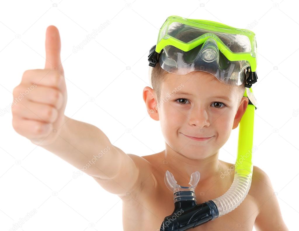 Happy boy with yellow diving mask — Stock Photo © belchonock #87858476