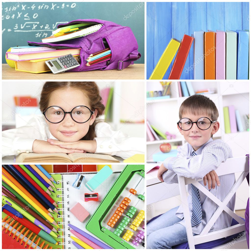 Collage School Children Studying Process Education Tools — Stock Photo ...