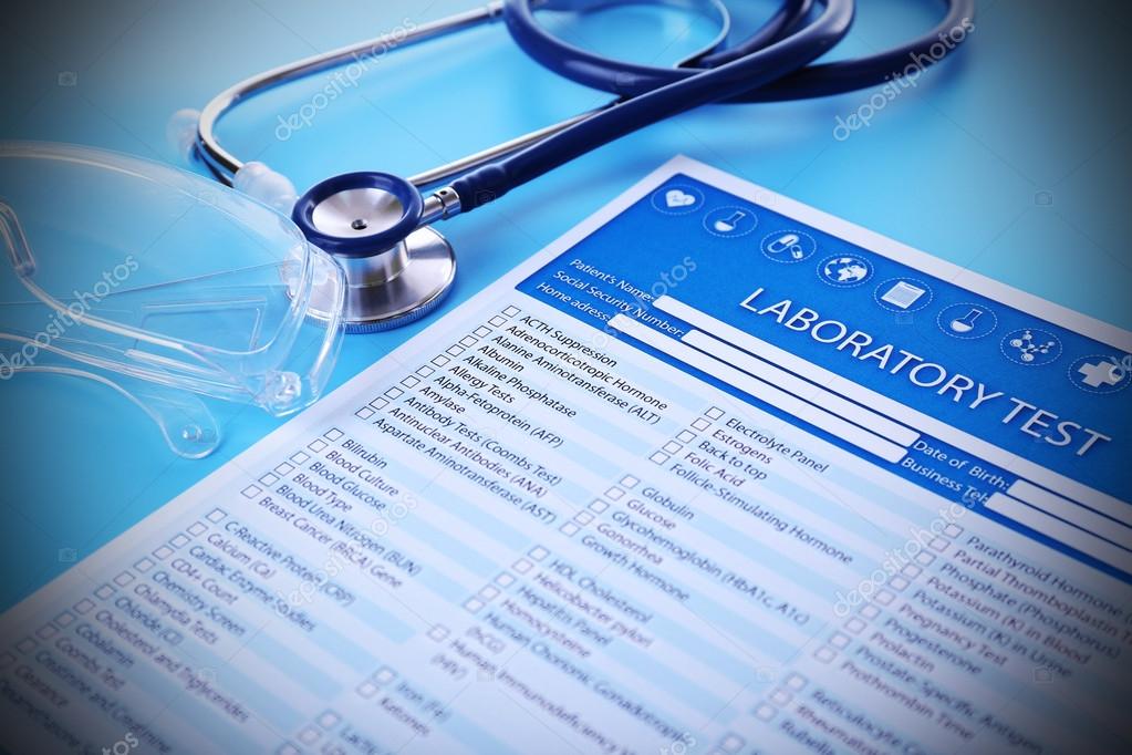 Laboratory test list, stethoscope and eyeglasses Stock Photo by ...