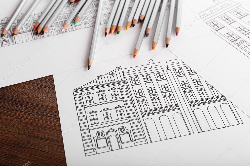 Drawing of buildings and colour pencils — Stock Photo © belchonock ...