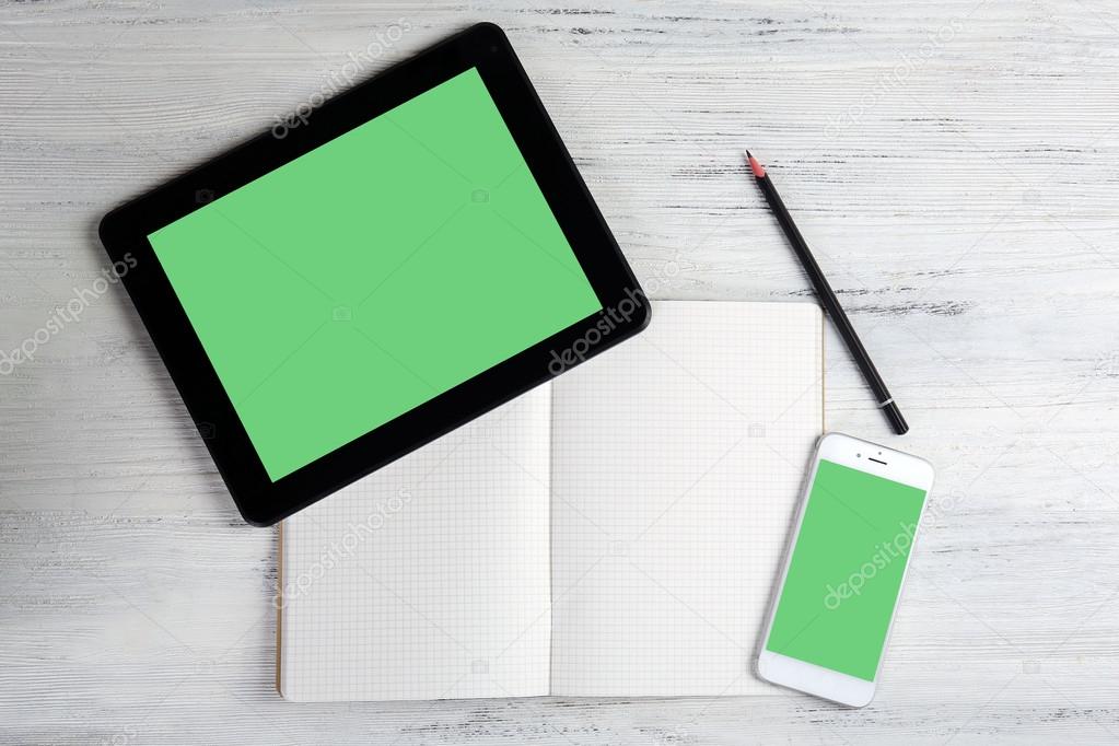 Modern mobile phone, tablet and notebook — Stock Photo © belchonock ...