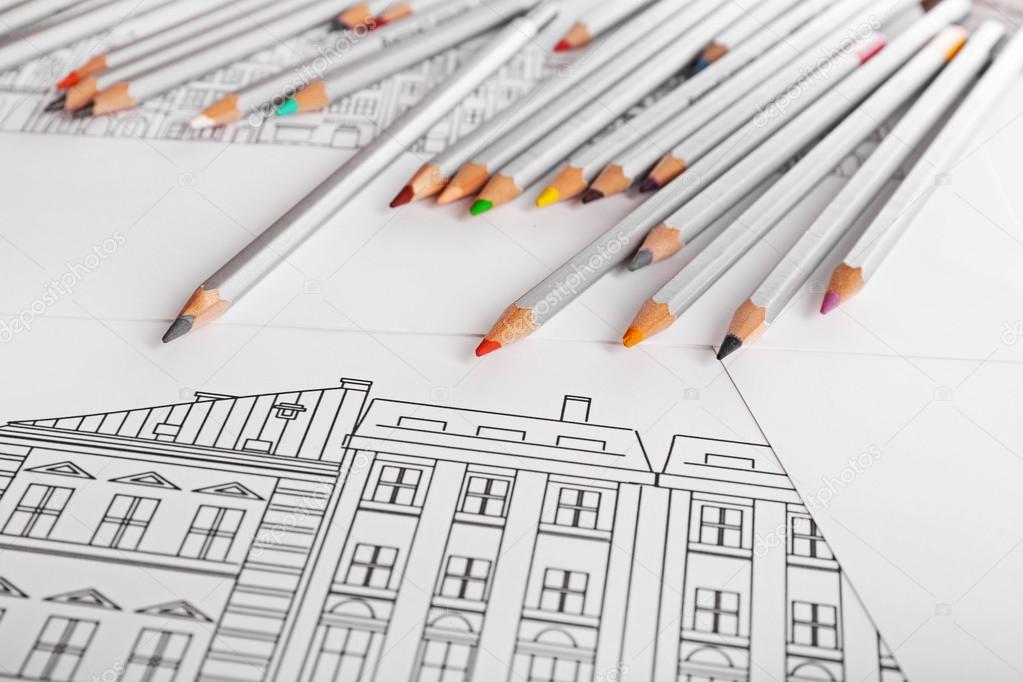 Drawing of buildings and colour pencils ⬇ Stock Photo, Image by ...