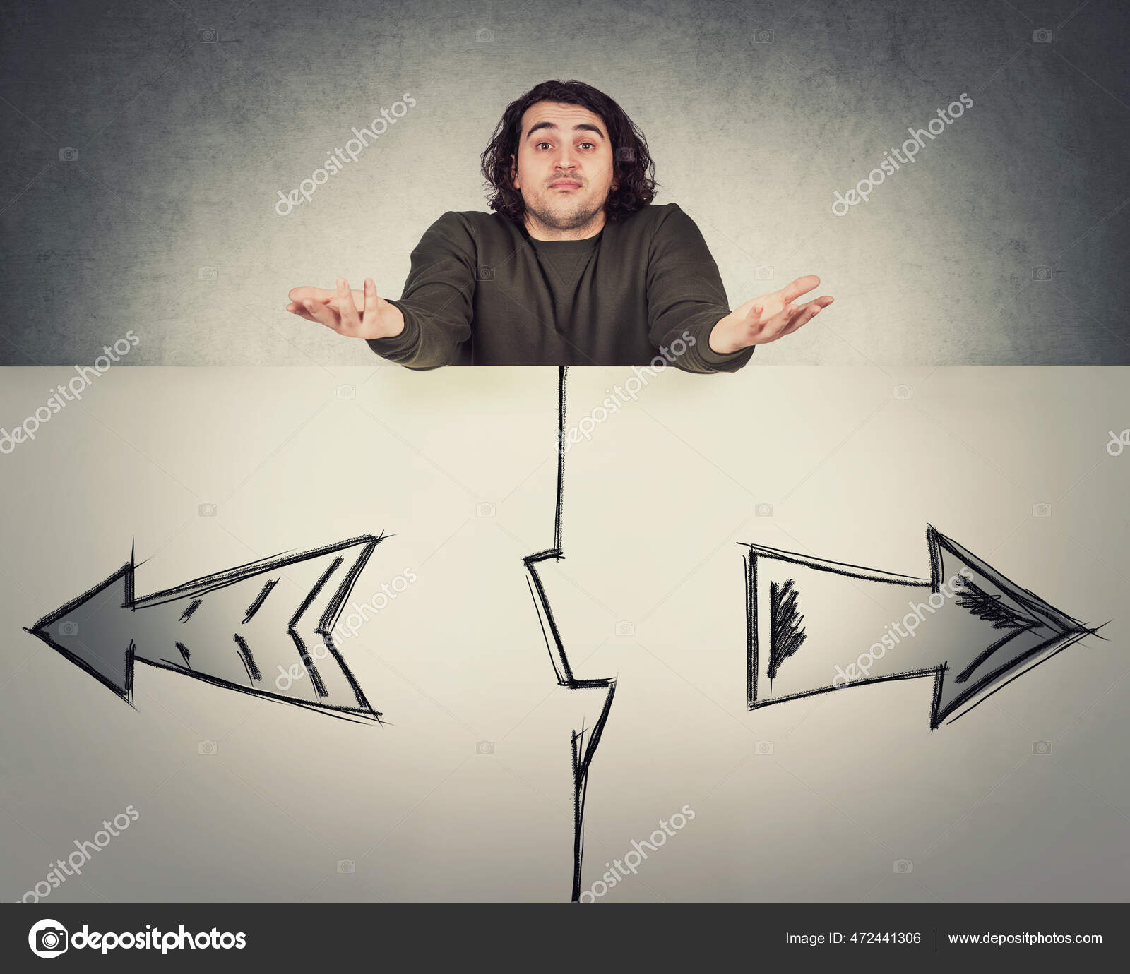 Perplexed Confused Man Has Choose Side Stands Banner Split Two Stock ...