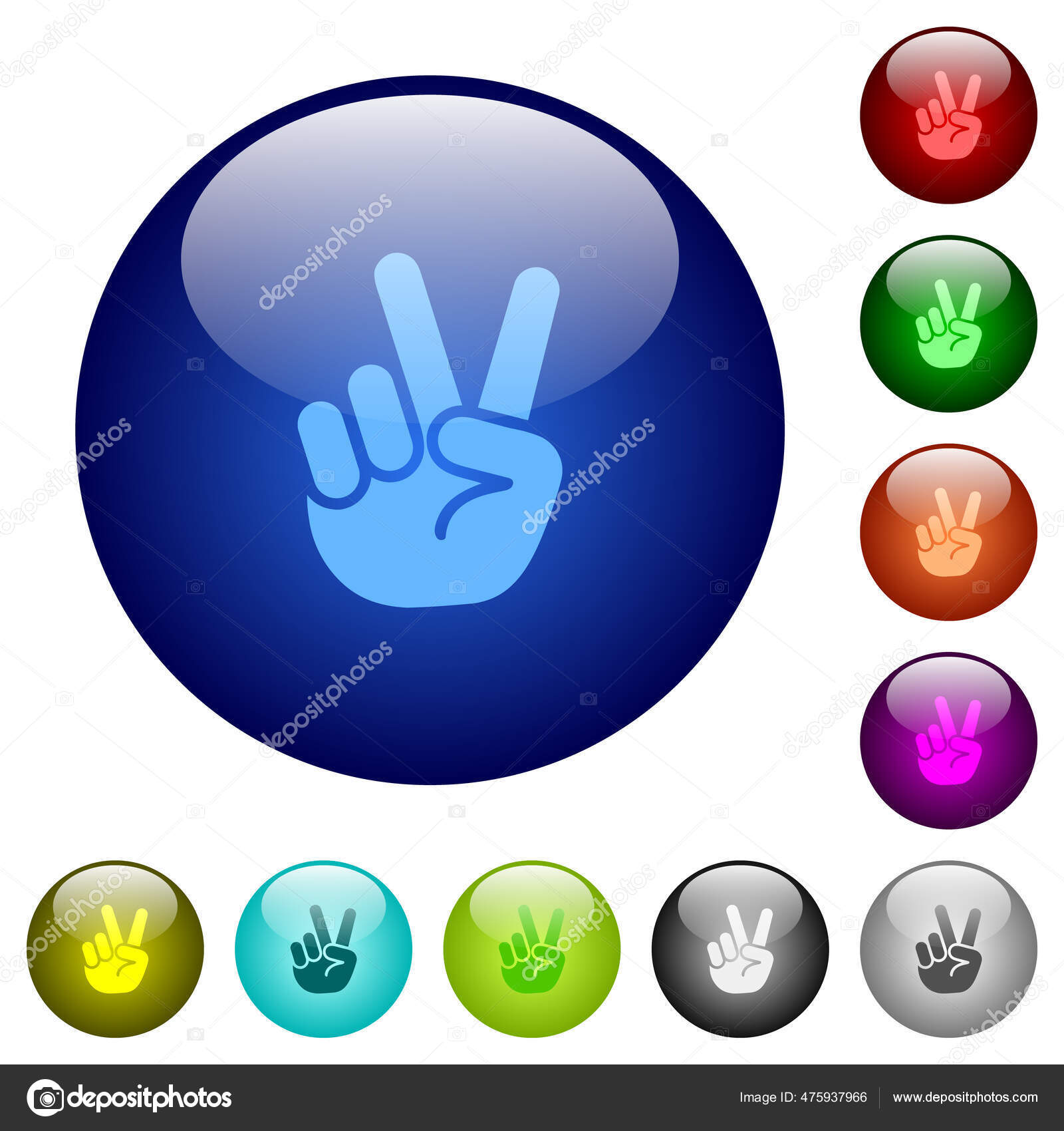 Victory Sign Hand Gesture Icons Glass Buttons Multiple Colors Arranged ...