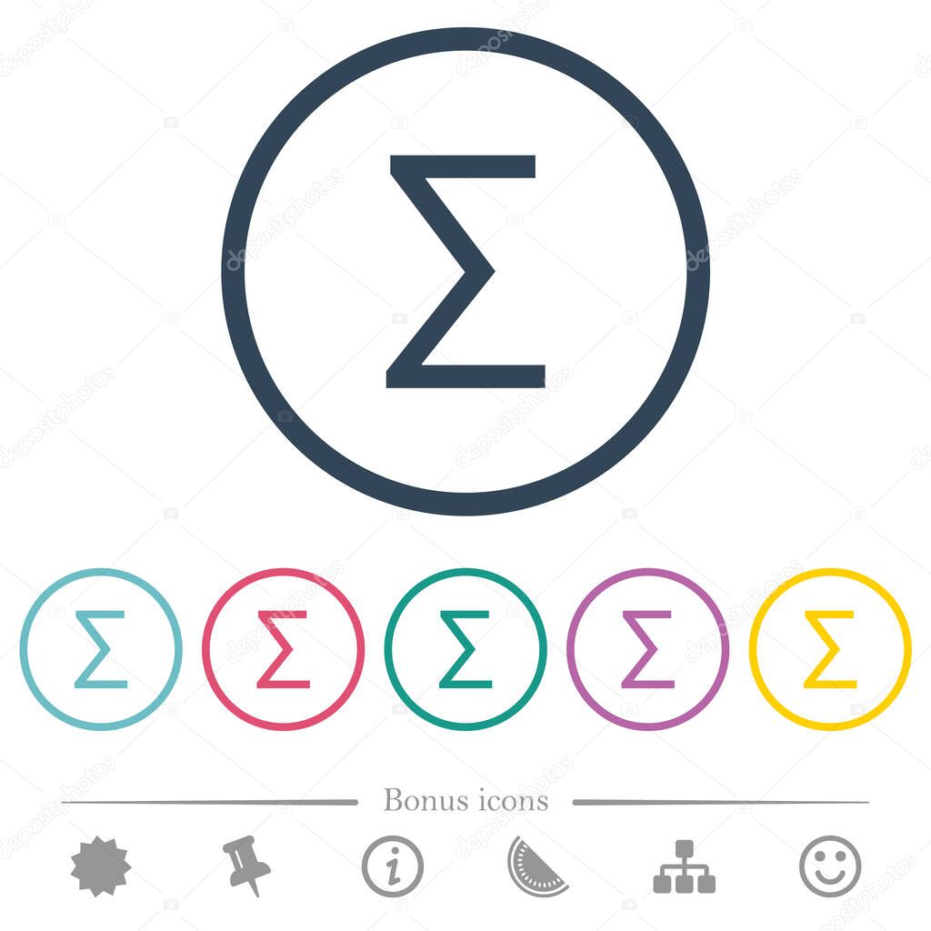 Suma símbolos de iconos de color plano en contornos redondos. 6 iconos ...