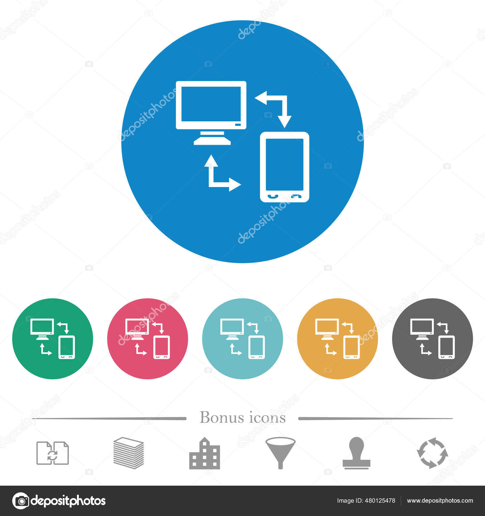 Connecting Mobile Desktop Flat White Icons Color Backgrounds Bonus ...