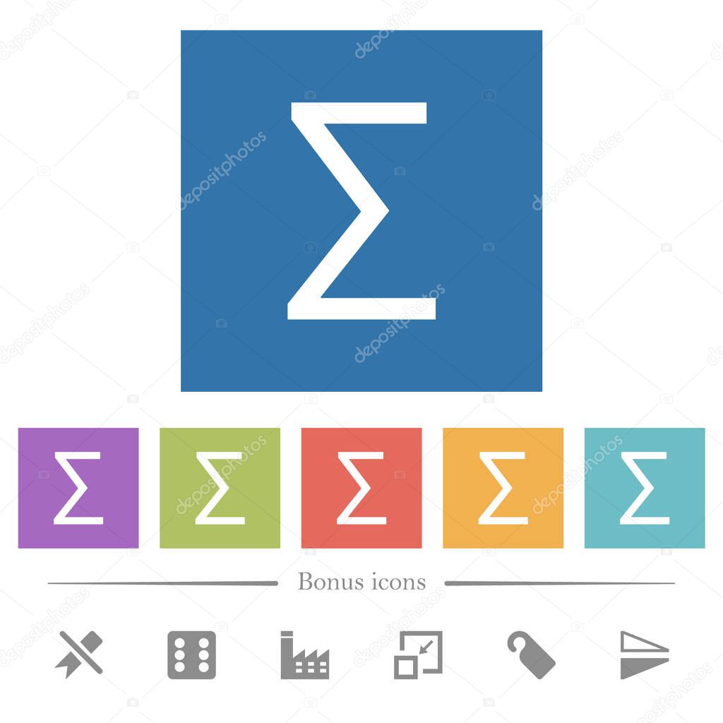 Símbolo de suma iconos blancos planos en fondos cuadrados. 6 iconos de ...