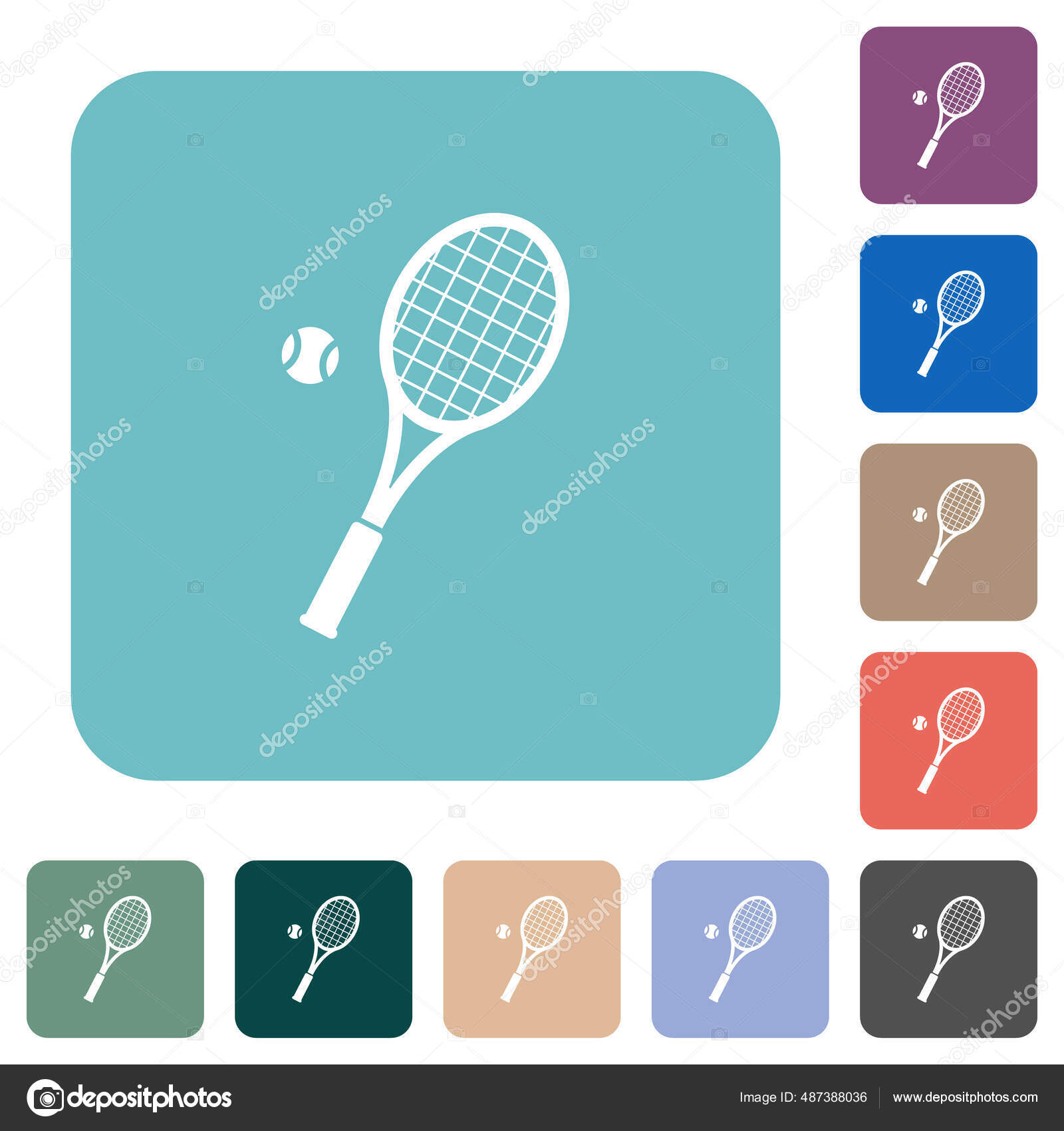 Tennis Racket Ball White Flat Icons Color Rounded Square Backgrounds Stock Vector by ...