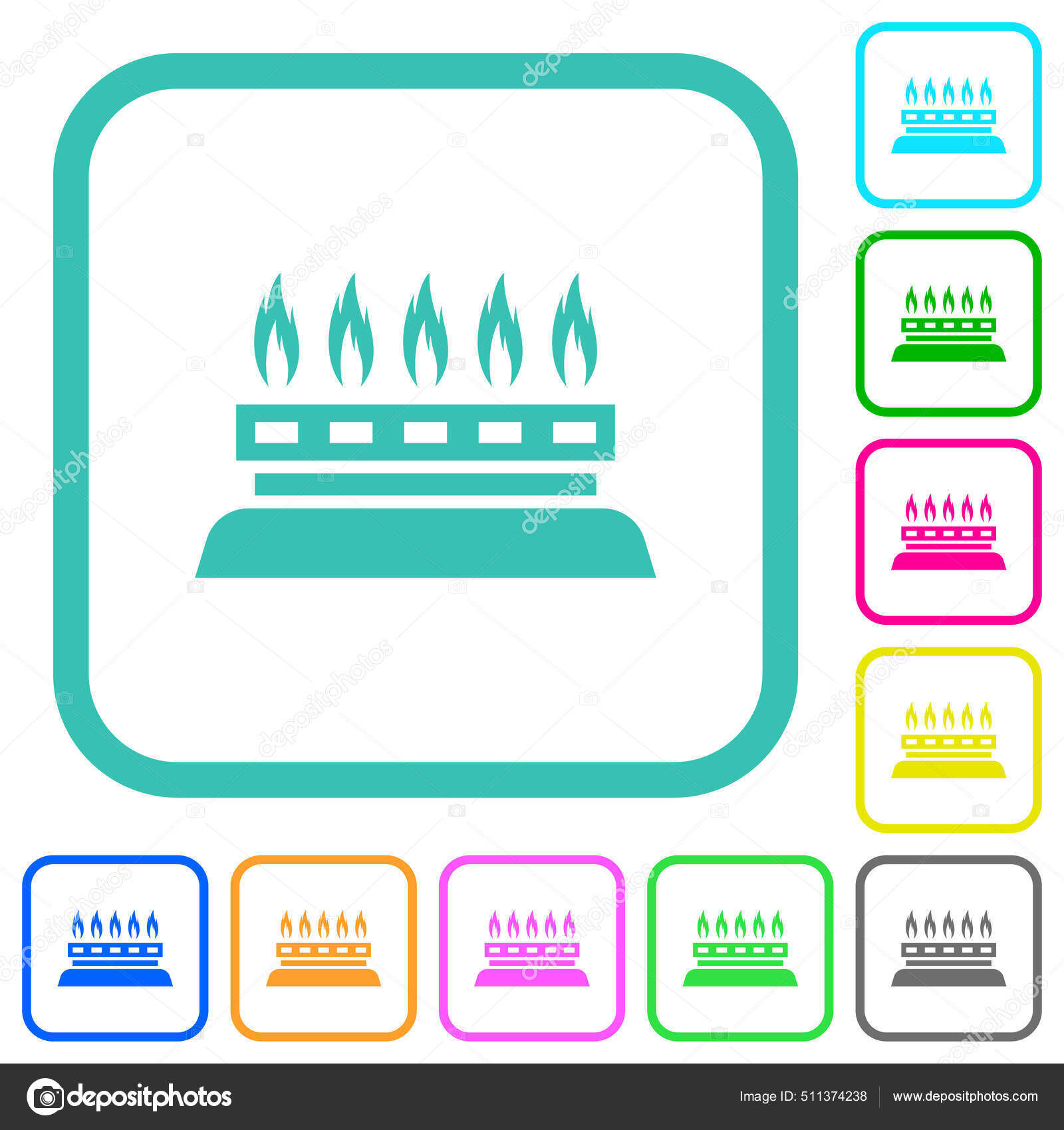 Kitchen Gas Stove Vivid Colored Flat Icons Curved Borders White Stock ...