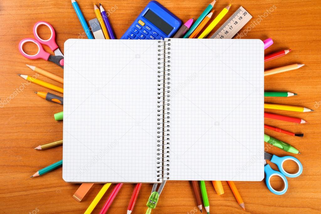 Notebook, pencils, scissors, calculator, ruler, compass, pen Stock ...