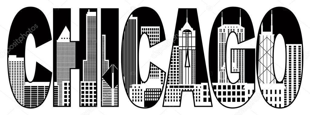 Chicago City Skyline Black and White Text Illustration Stock Vector ...