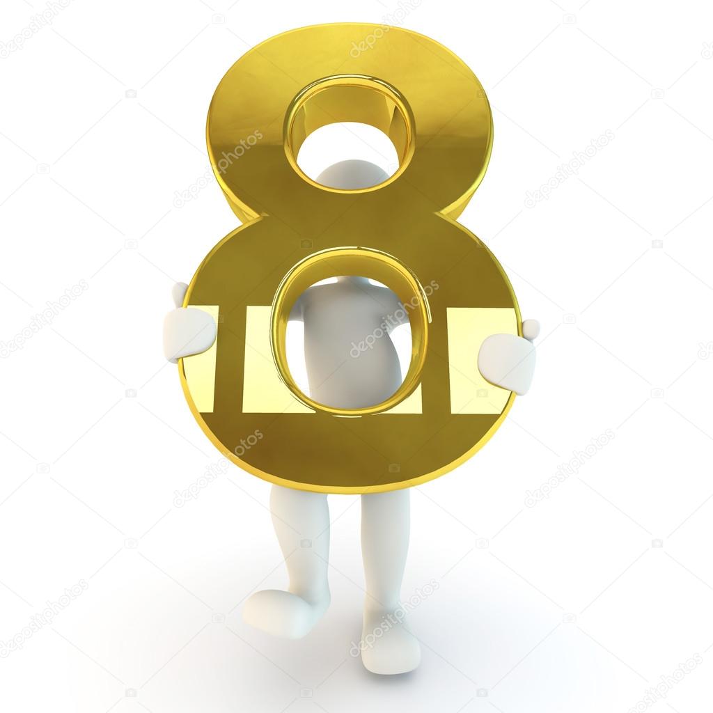 Personaje humano 3D que sostiene el número ocho dorado 2023