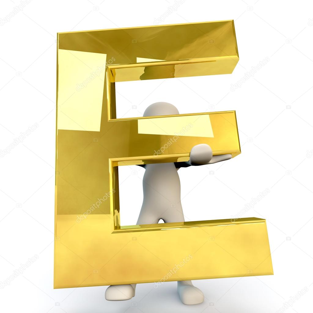 3D Human character holding golden alphabet letter E Stock Photo by ...