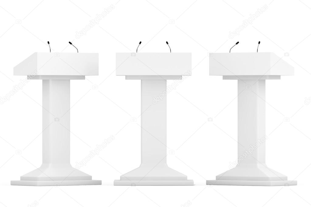 White Podium Tribune Rostrum Stands with Microphones — Stock Photo ...