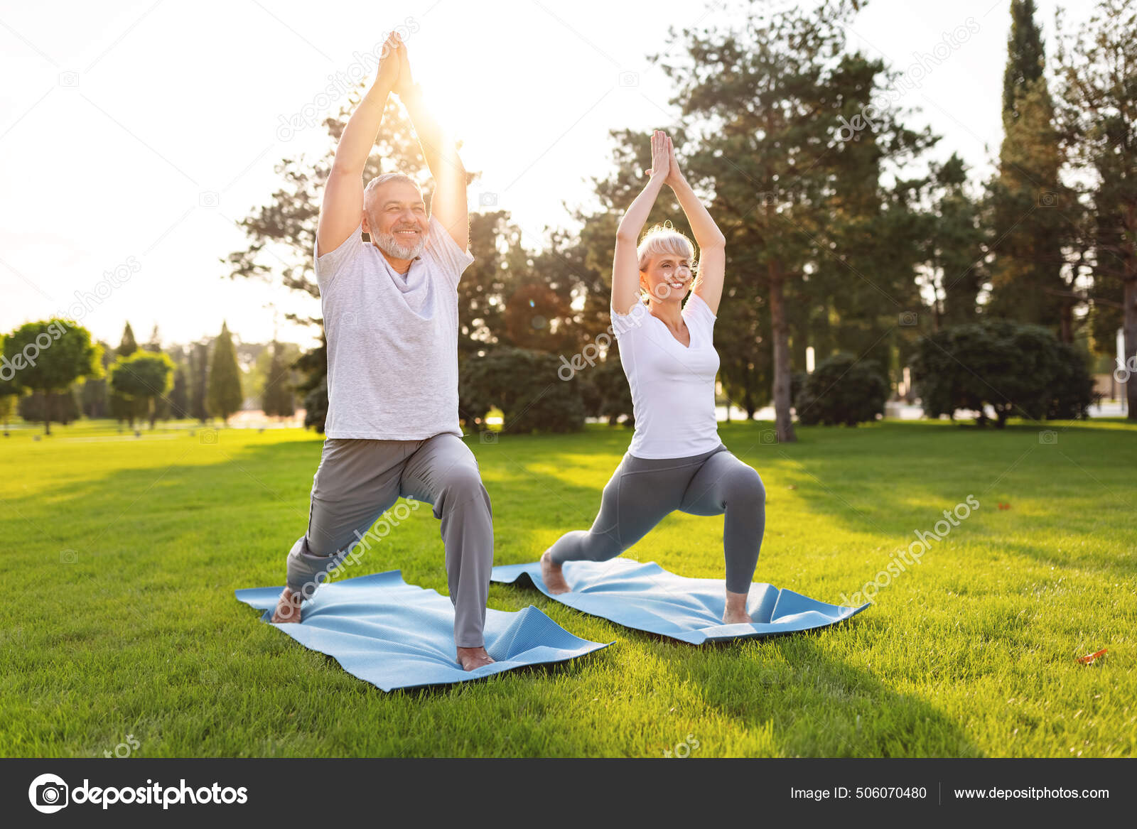 Happy Positive Fit Mature Couple Senior Woman Man Practicing Partner ...