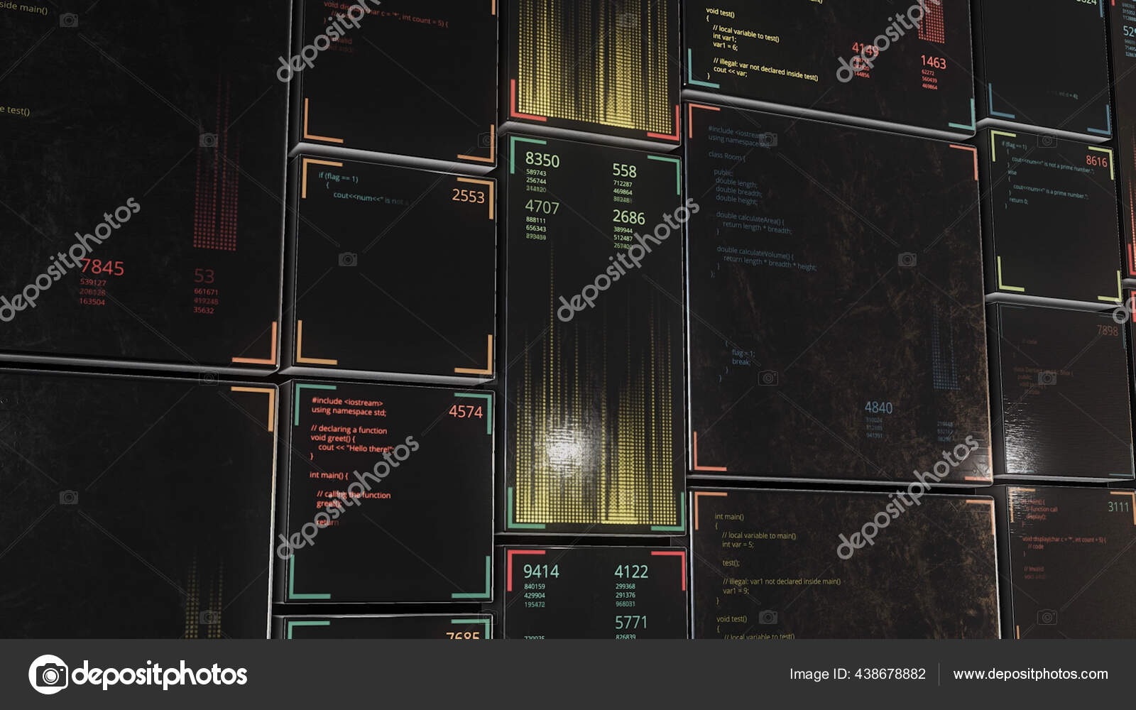 Moving panels with digital data. Animation. 3D steel panels with ...