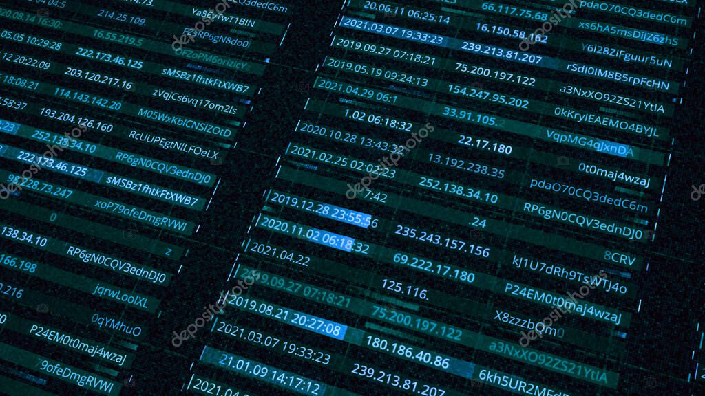 Datos con contraseñas y direcciones IP de la red. Animación. Filas con ...