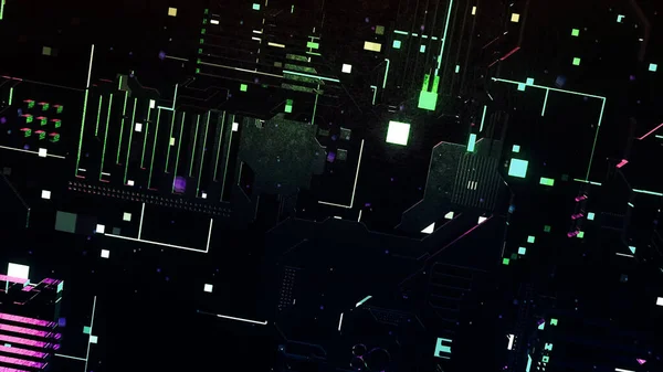 Abstract dark circuit board with many details and moving elements ...