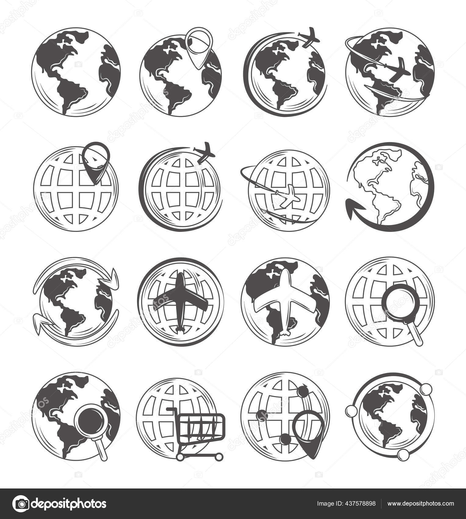 World globe map icons set travel connection shopping and location Stock ...