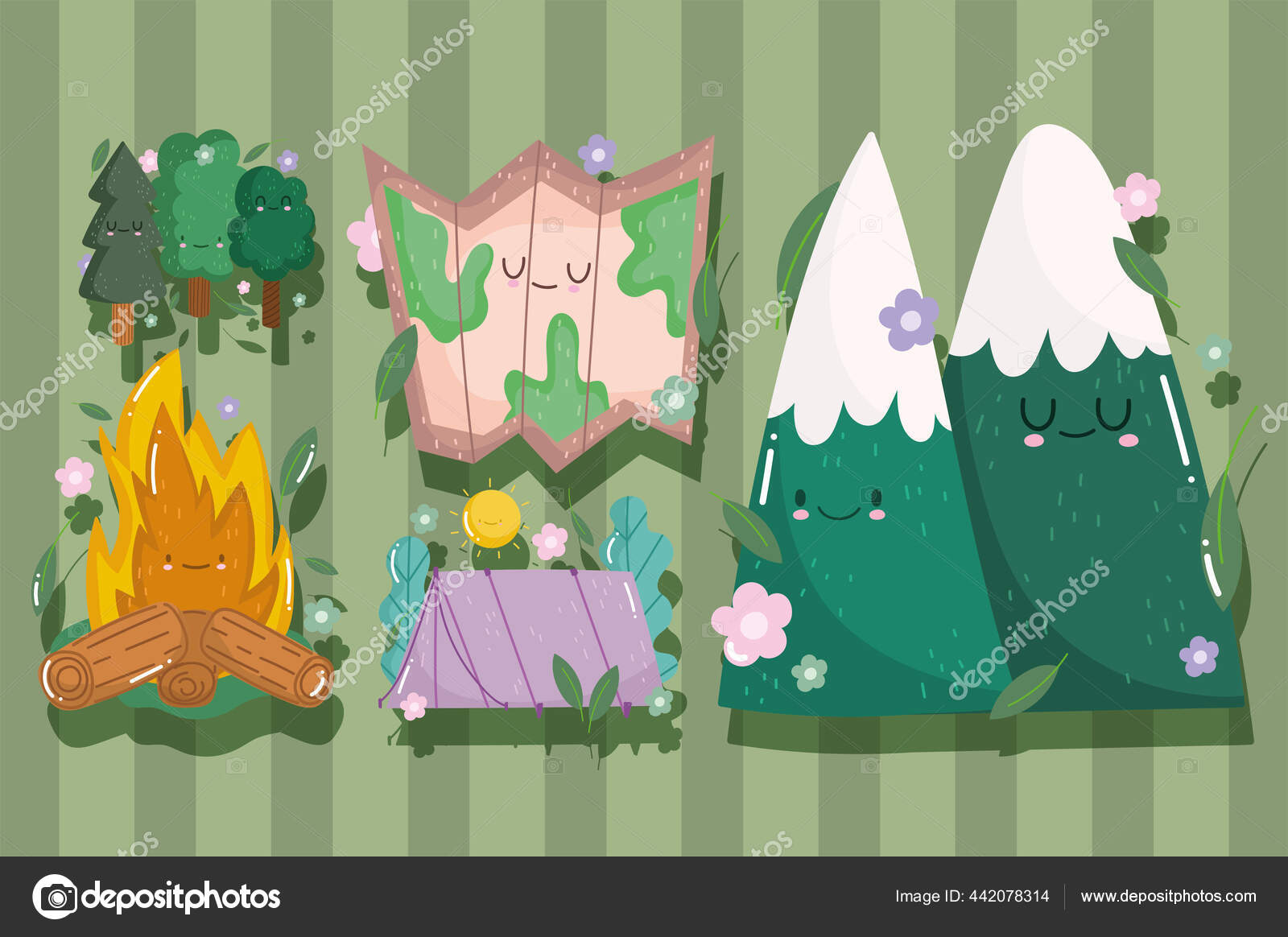 Camping in cartoon style bonfire mountains map and tent Stock Vector ...