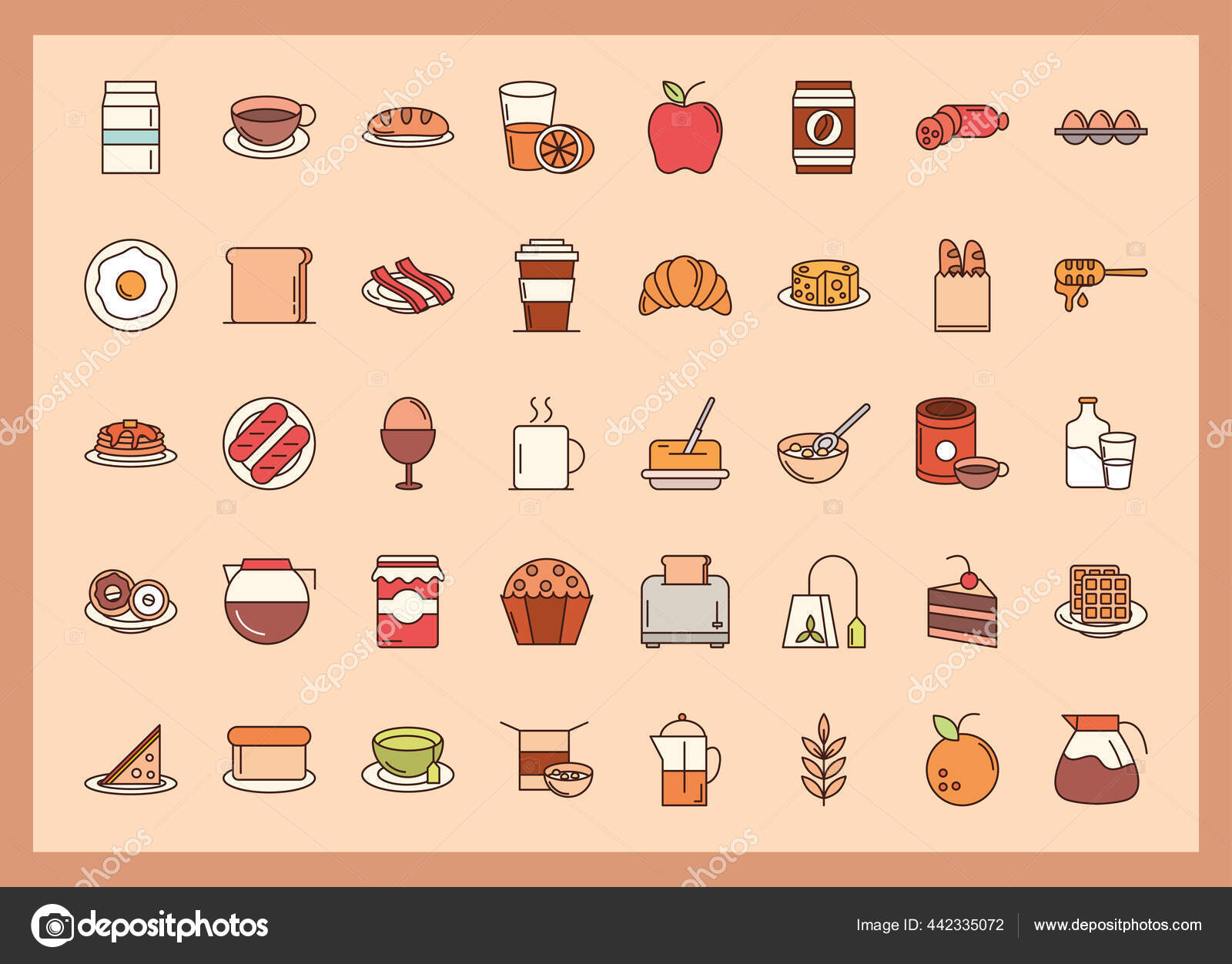 Breakfast menu ingredient products fresh icons set line and fill style ...