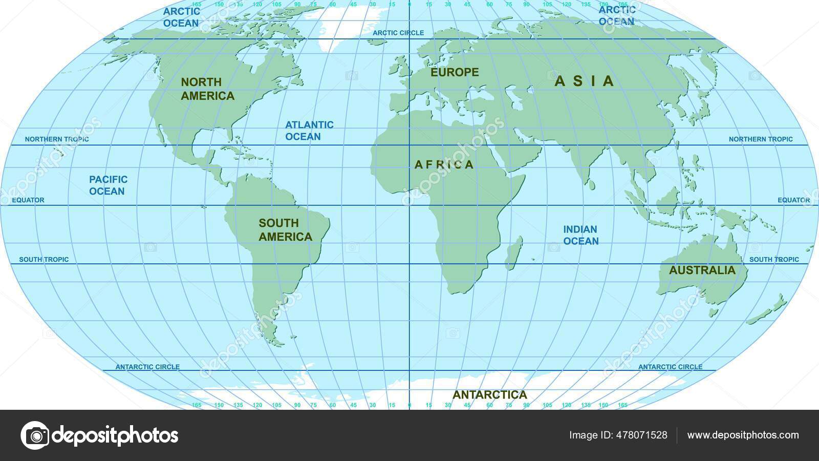 Mapa vetorial do mundo. Oceanos e continentes em uma projeção plana ...