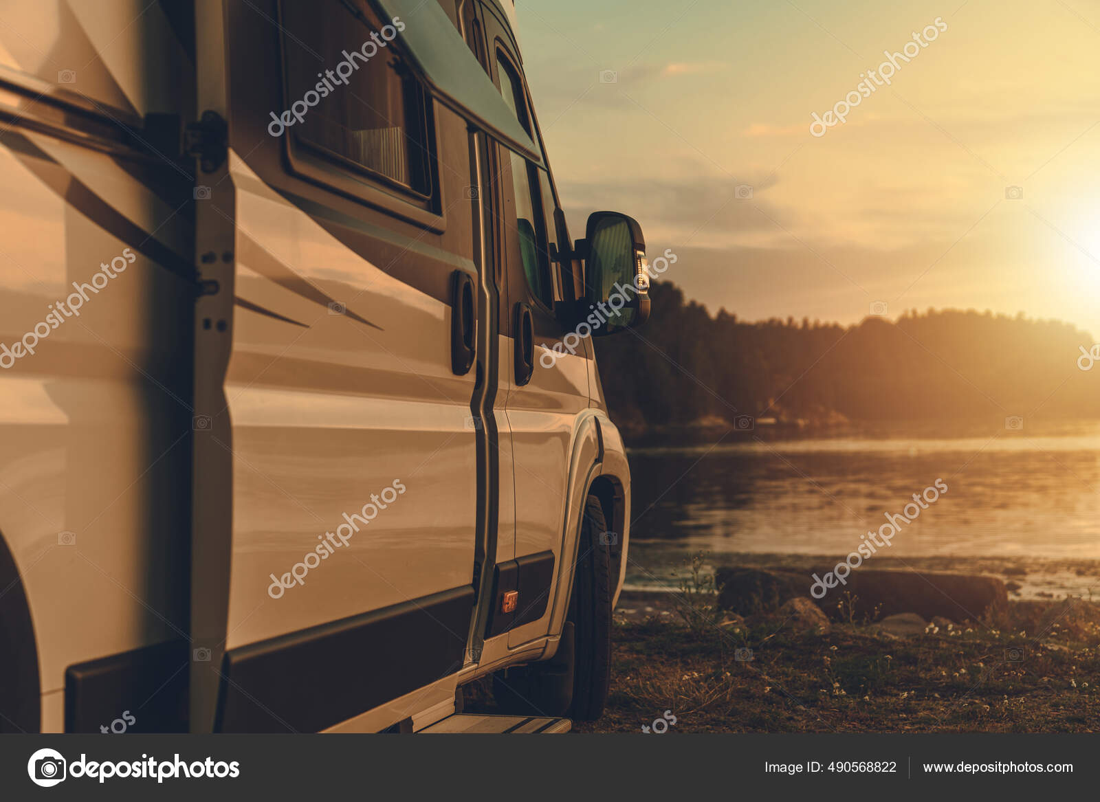 Class Recreational Vehicle Motorhome Camper Van Camping Next Bay Sunset ...