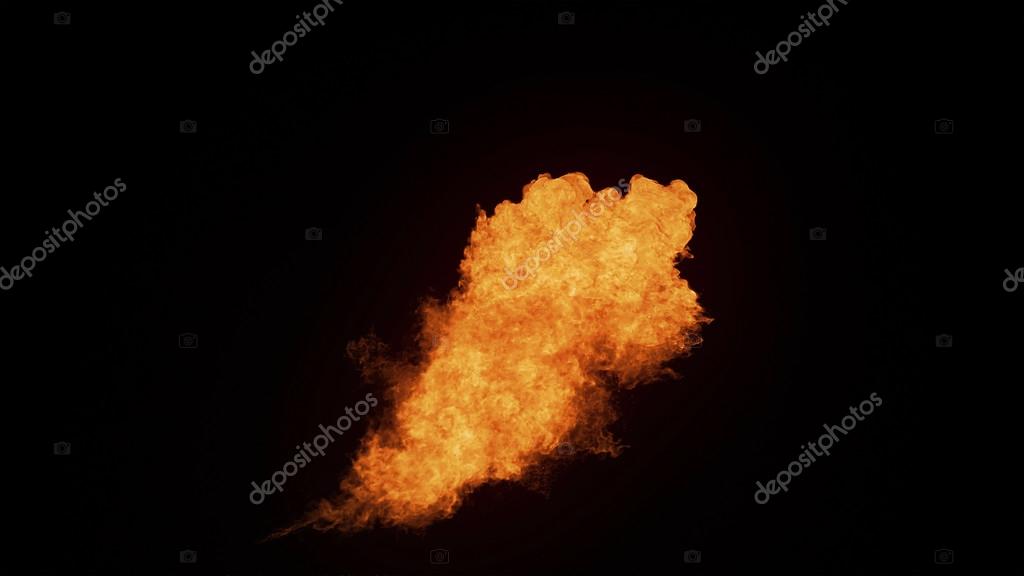 Gas fire emitter from left to right with particles on black background ...