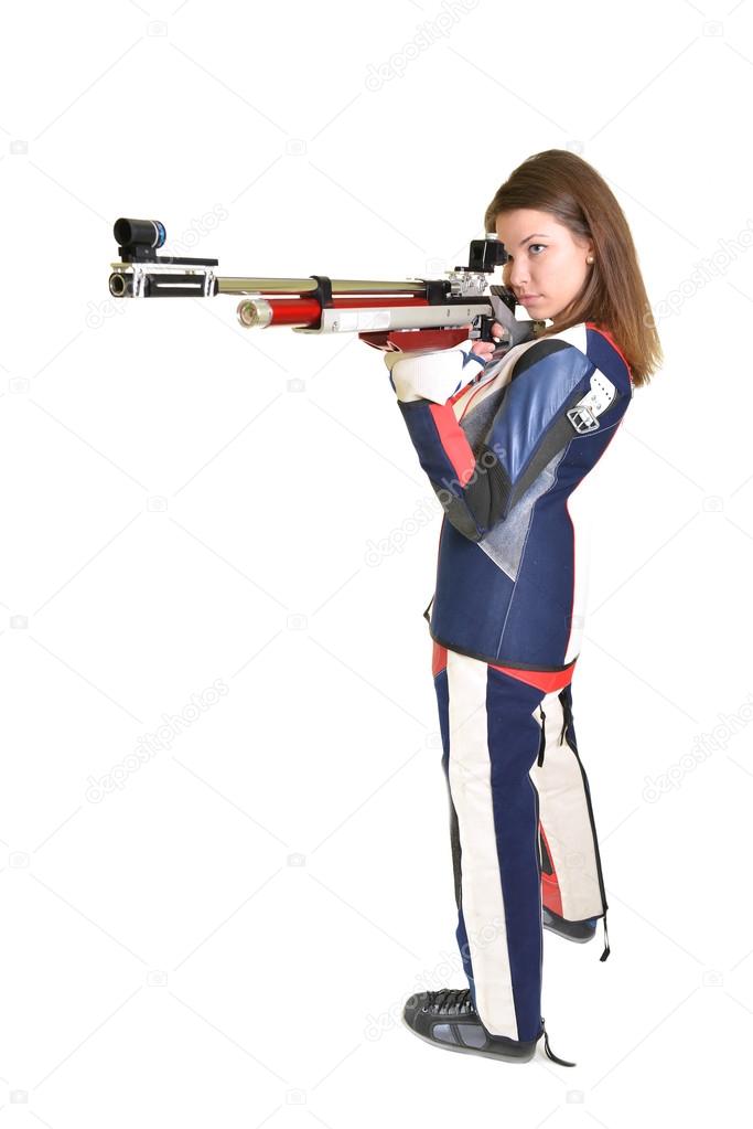 Woman training sport shooting with air rifle gun — Stock Photo © muro ...