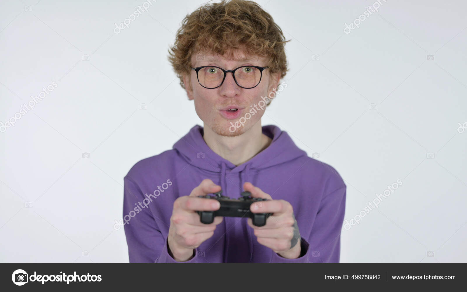 Redhead Young Man Playing Video Game on White Background — Stock Photo ...