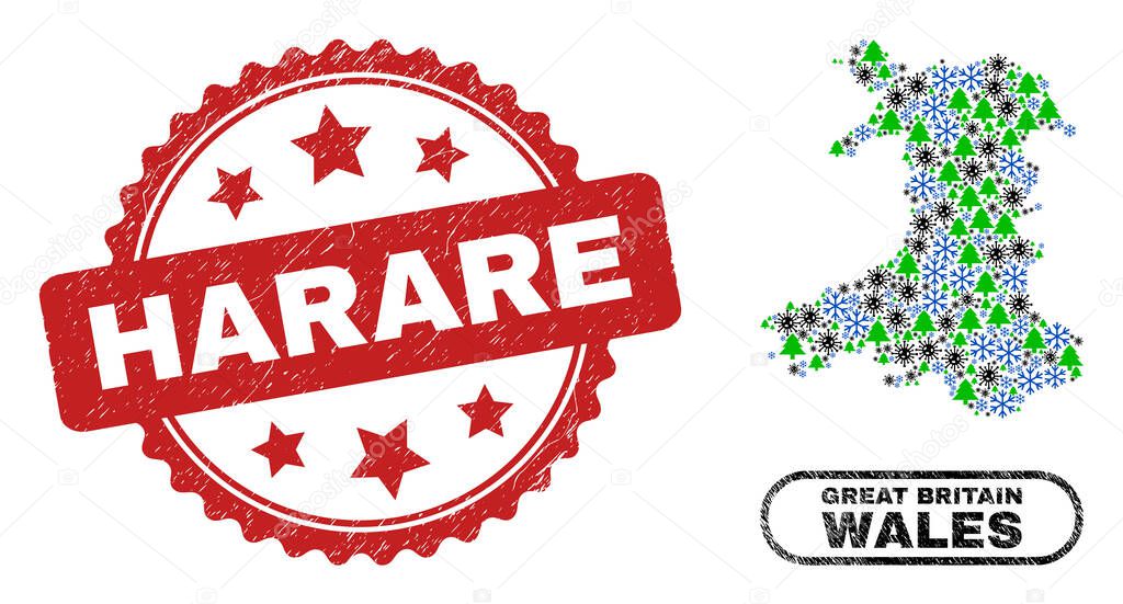 Harare sello de sello rayado y mapa de Gales Composición de Covid-2019 ...