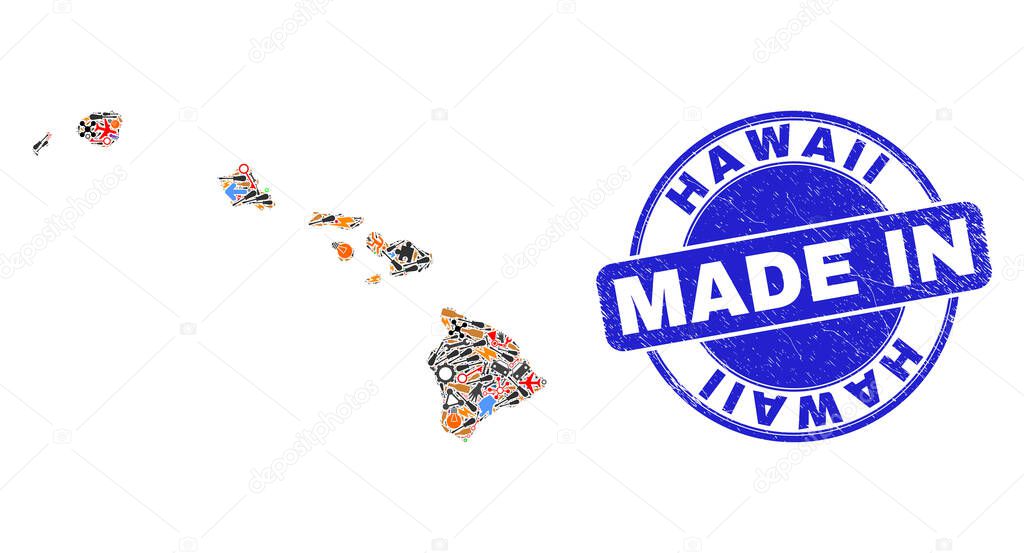 Ingeniería Collage Hawaii State Map y Made in Grunge Rubber Stamp 2022