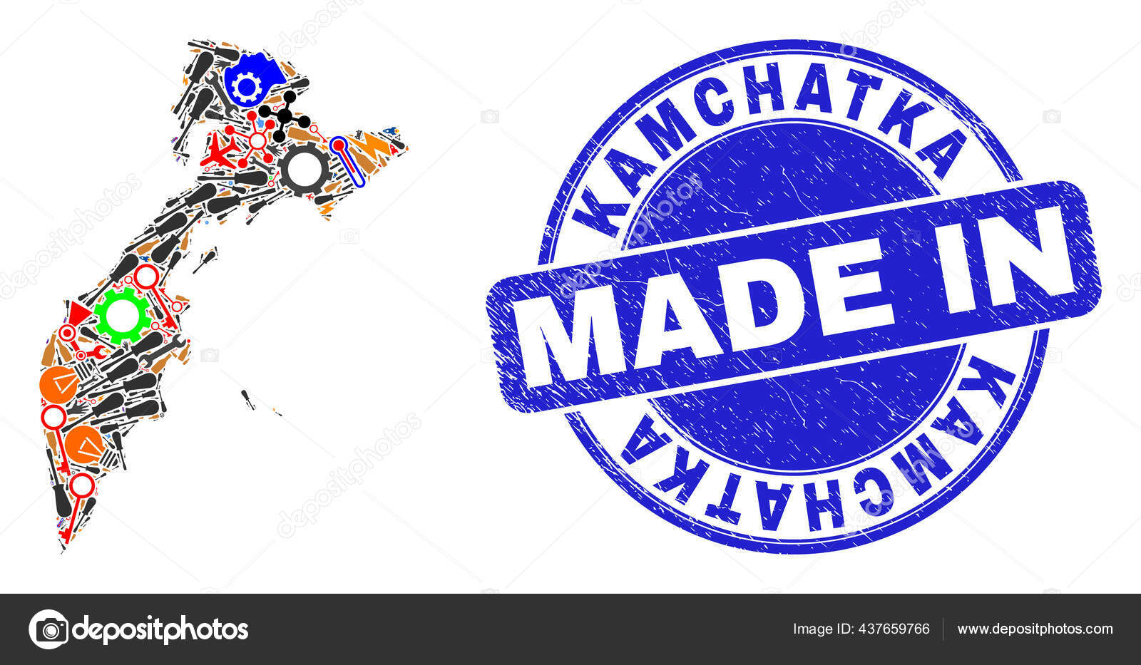 Service Mosaic Kamchatka Map and Made in Scratched Stamp Seal Stock ...