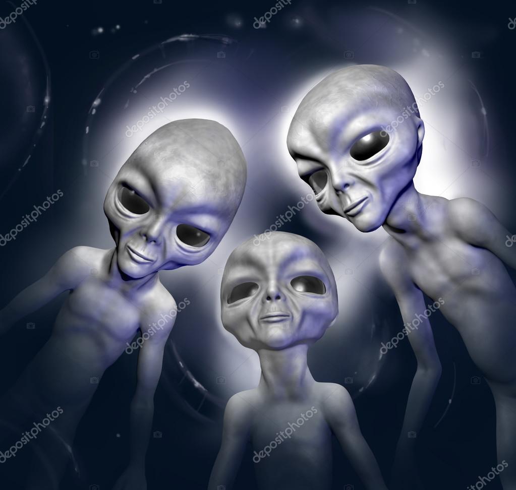 Tres alienígenas realistas grises en el espacio. Personajes 3D ...