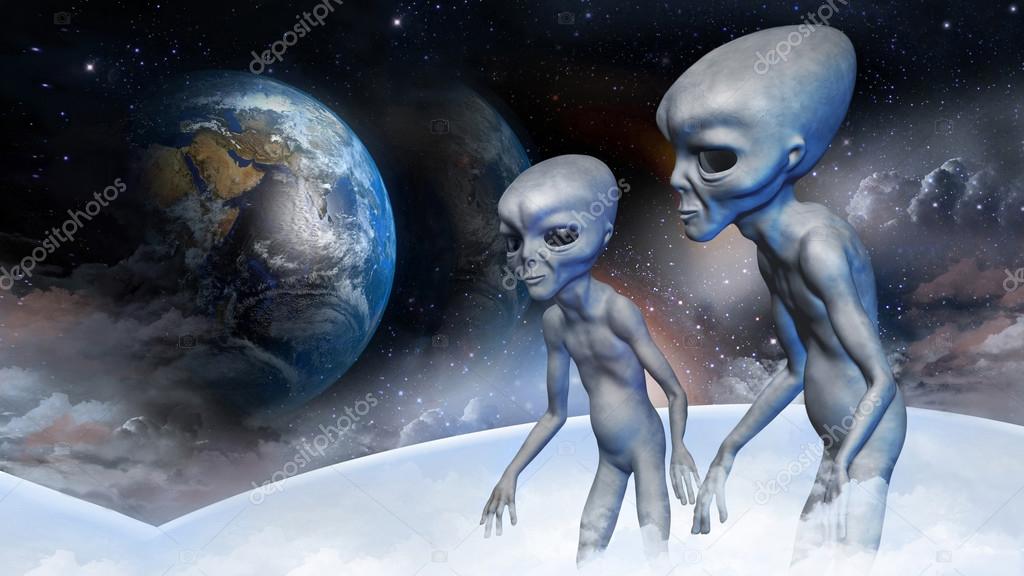Two grey alien in earth orbit are observing from the space ship for the ...