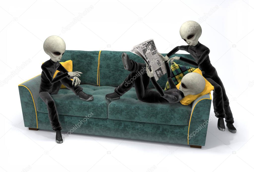 Tres alienígenas del espacio están descansando en un sofá de terciopelo ...