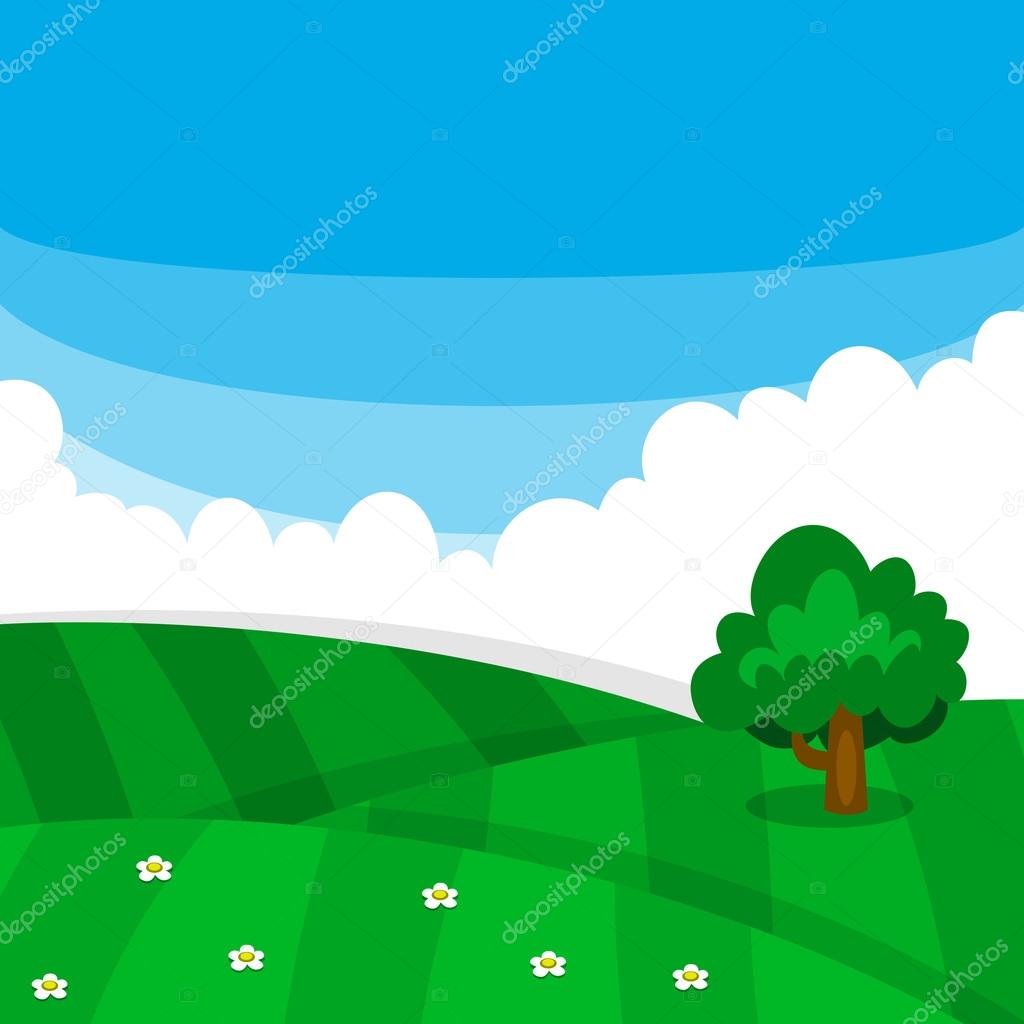 Vector cartoon meadow background template with tree Stock Vector Image ...