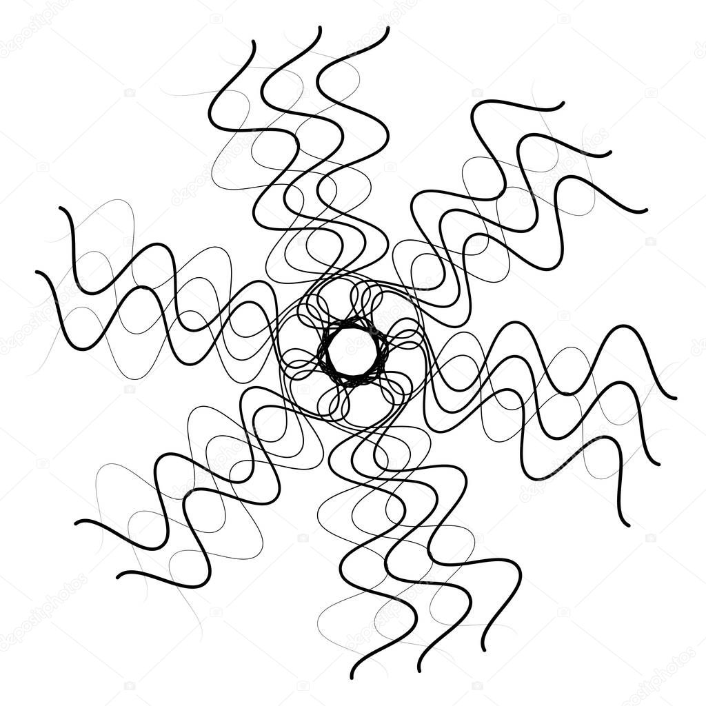 Radial, radiante motivo abstracto, icono, elemento mandala. Distorsionada, deformada ondulada ...