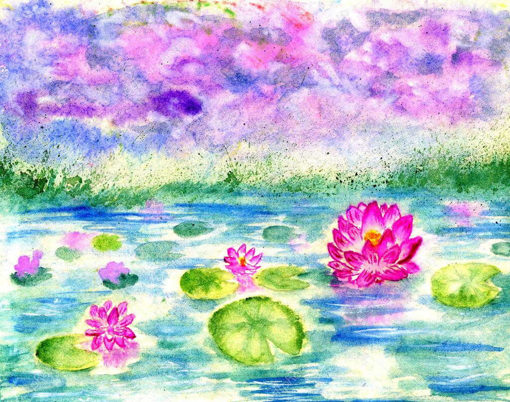 Lotus Pond Watercolor — Stock Photo © artshock #108128102
