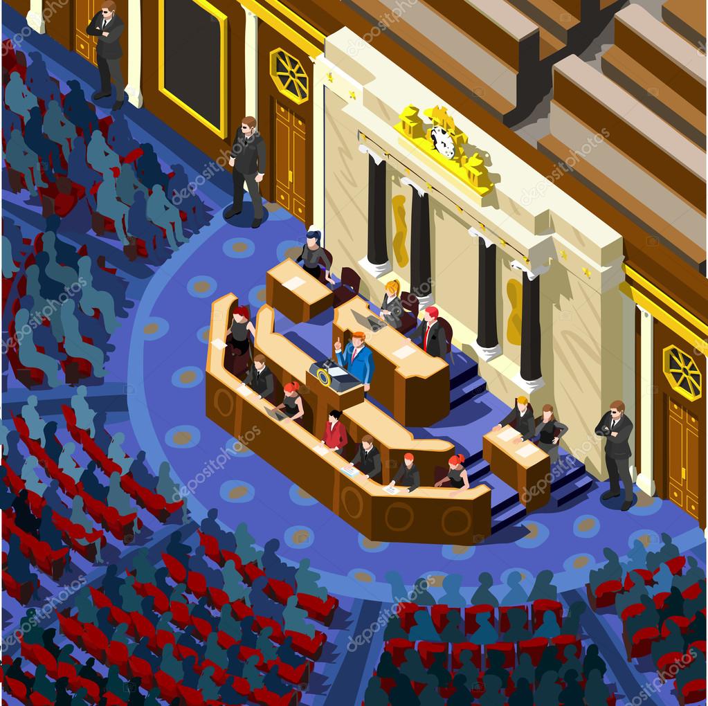 Election Infographic Parliament Hall Vector Isometric People — Stock ...