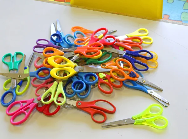 Colorful scissors used by children at the preschool — Stock Photo ...