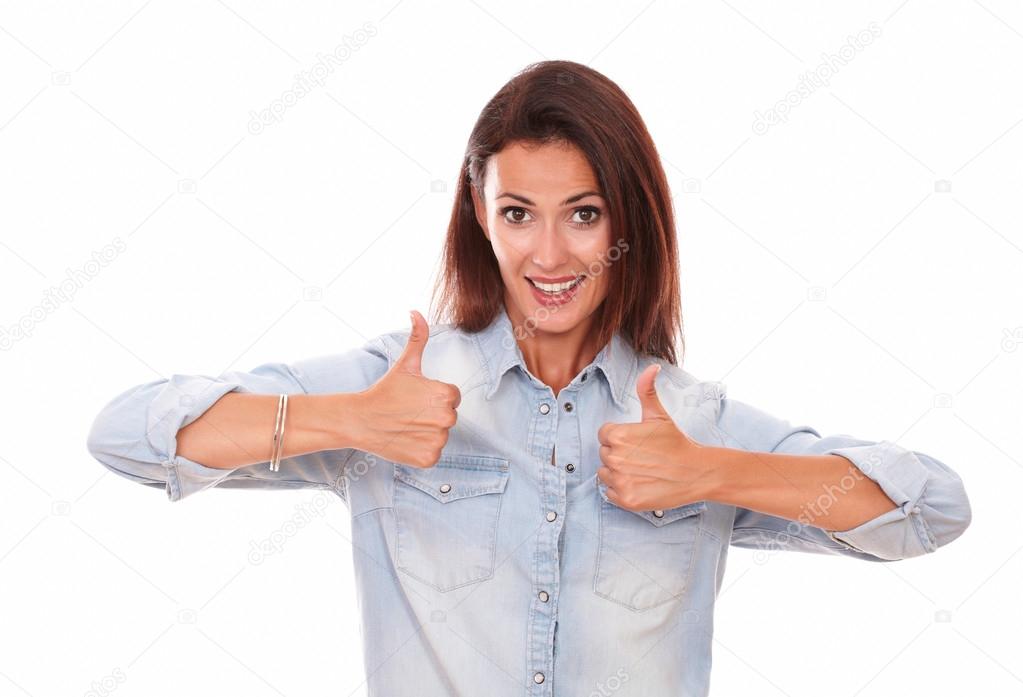 Lovely hispanic lady with good job gesture — Stock Photo © pablocalvog ...