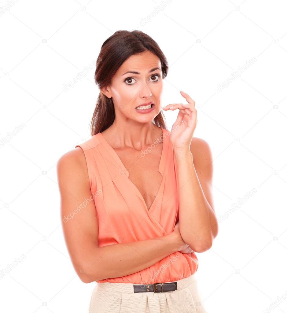 Beautiful woman with hand gesturing error Stock Photo by ©pablocalvog ...