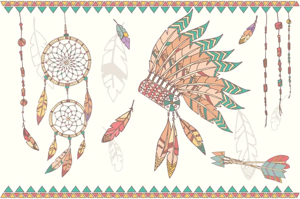 Hand drawn native american dream catcher, beads and feathers — Stock ...